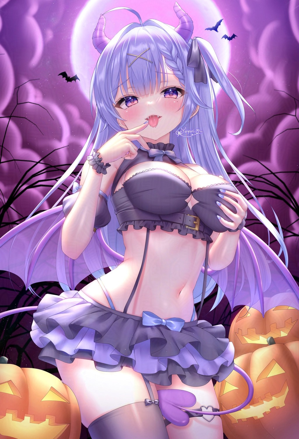 yuyuko (yuyucocco) breast grab devil garter halloween horns stockings tail thighhighs wings ...